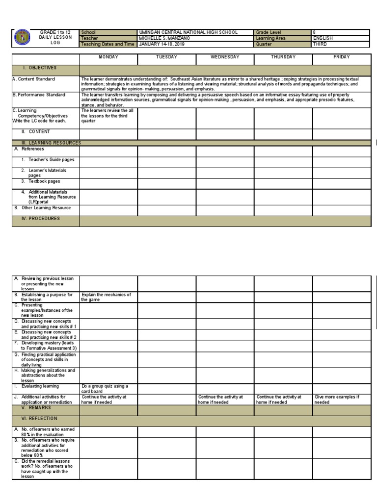 Grade 8 English 3rd Quarter DLL 2nd Week | PDF | Learning | Teachers