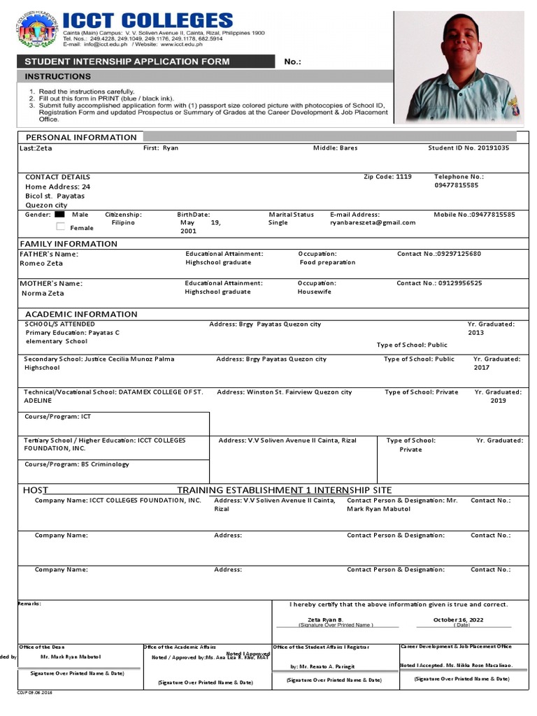 ICCT SIP Application Form 1 Ran Zeta | PDF