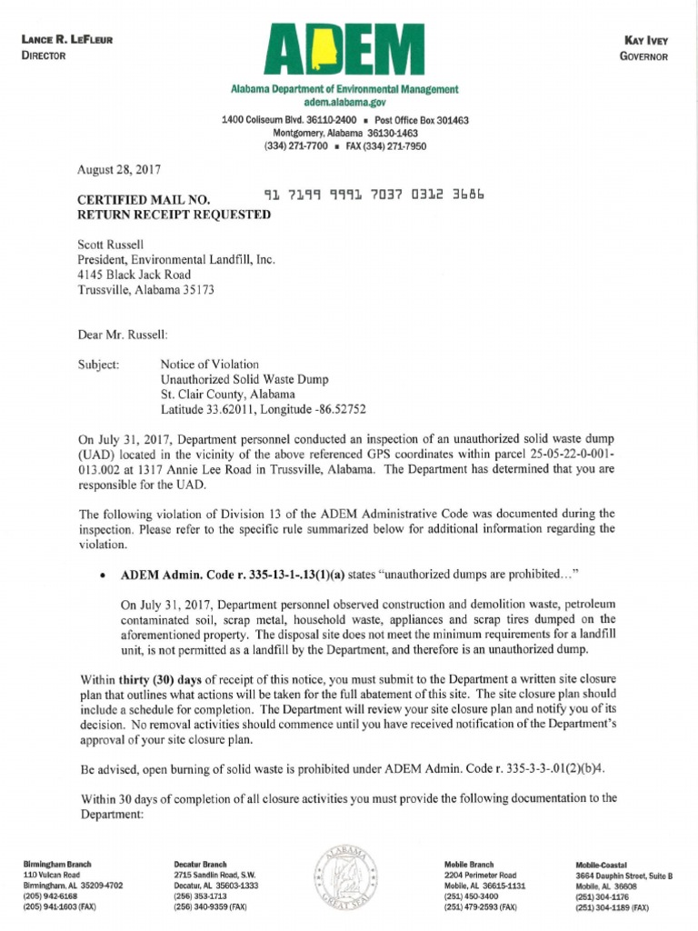 ADEM Inspection Letter To Owner Notice of Violation - 8 28 2017 | PDF ...