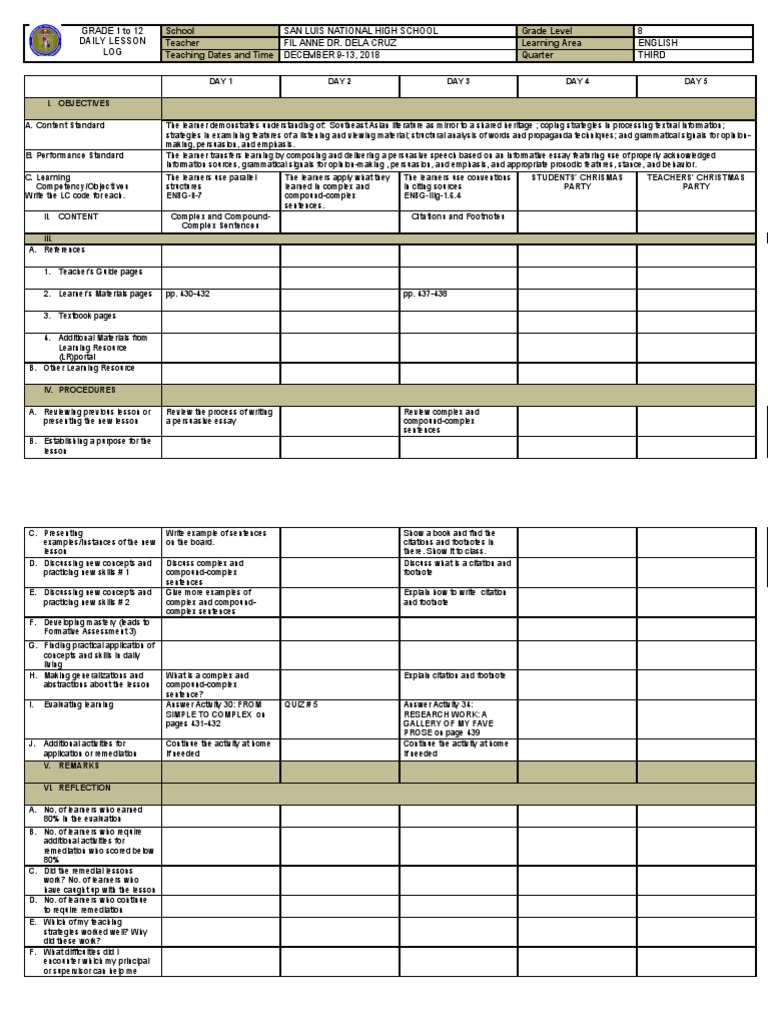 Grade 8 English 3rd Quarter DLL 4th Week | PDF