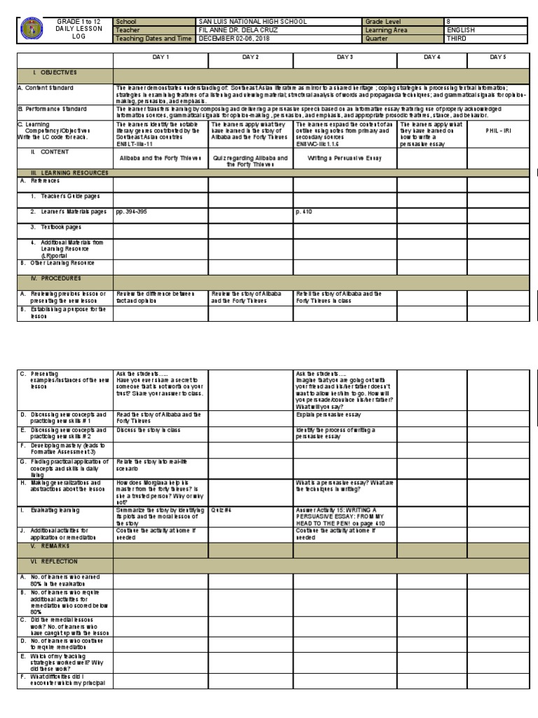 Grade 8 English 3rd Quarter DLL 5th Week | PDF | Essays | Persuasion