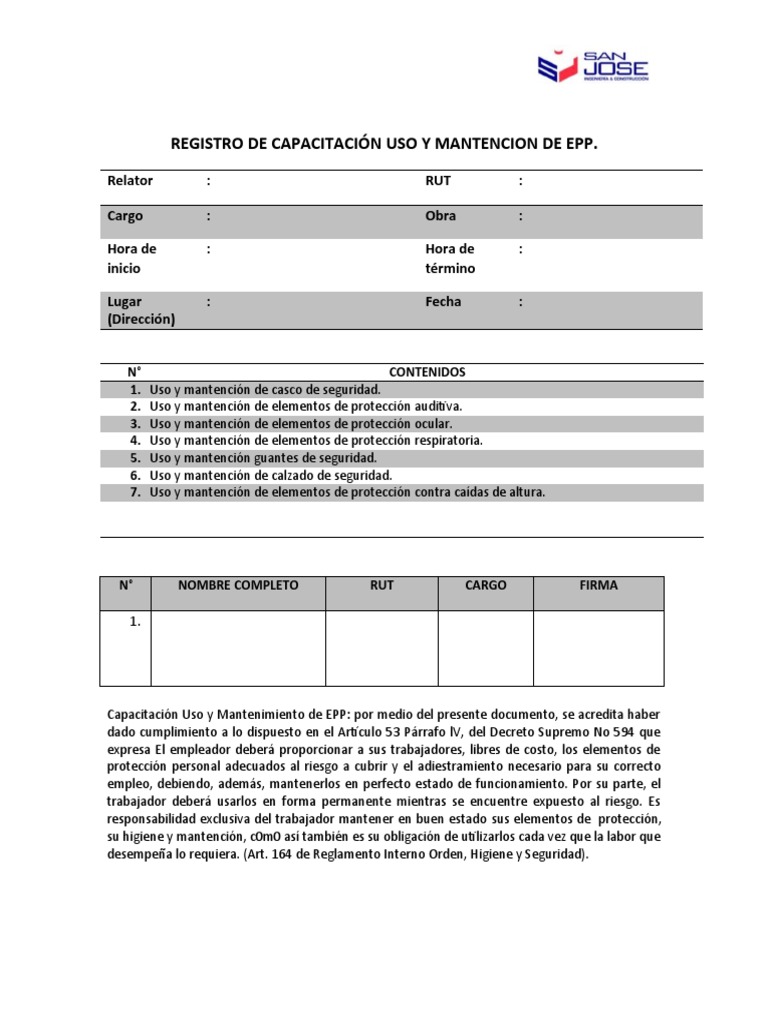 Registro de Capacitación Uso y Mantencion de Epp | PDF