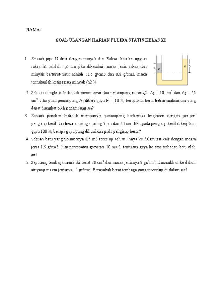 Soal Uh Fluida Statis Kelas Xi | PDF