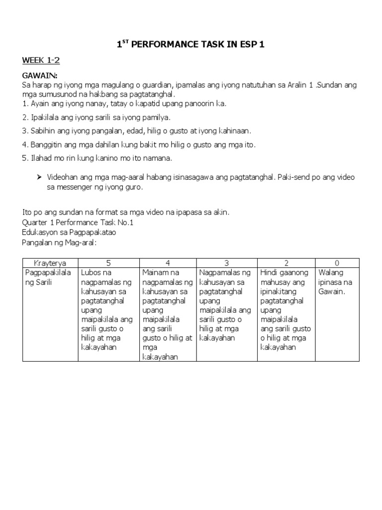 1ST Performance Task in Esp 1 | PDF