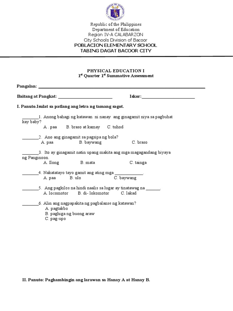 1stQ PE1 Summative 1234 | PDF