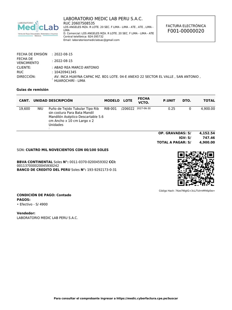 Laboratorio Medic Lab Peru S.A.C.: RUC 20607508535 Factura Electrónica ...