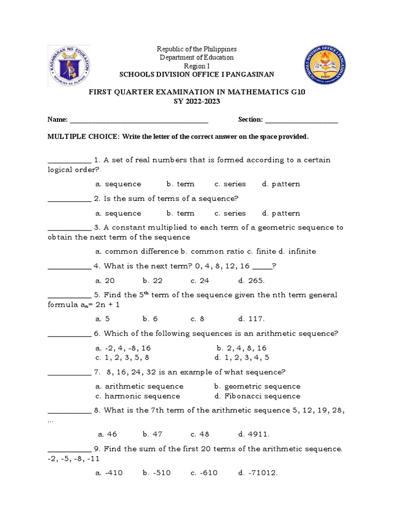 First Quarter Examination MATH 10 | PDF | Sequence | Mathematics