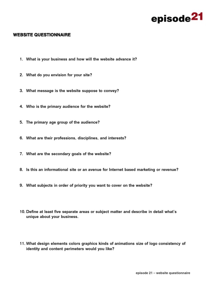 Website Questionnaire | Internet Service Provider | Websites | Free 30 ...