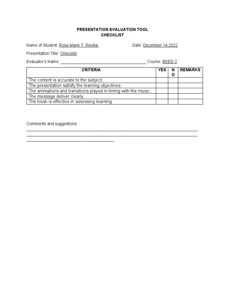 Revilla - Evaluation Tool Format | PDF | Rubric (Academic) | Learning