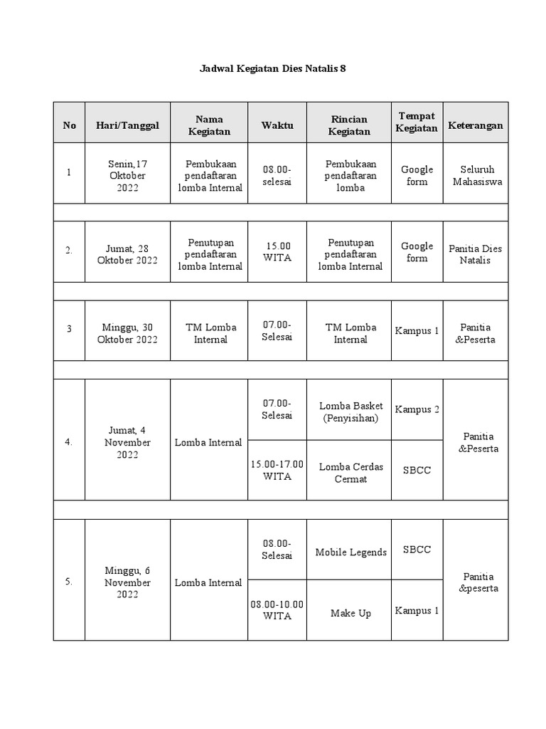 Jadwal Dies Natalis Ke-8 | PDF