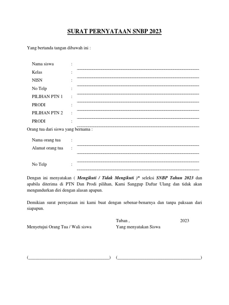 Surat Pernyataan Daftar SNBP 2023 | PDF | Kesehatan Holistik