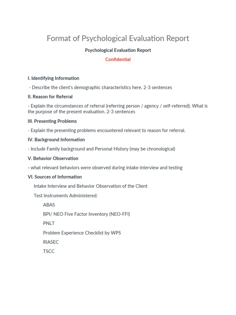 Format of Psychological Evaluation Report (Final) | PDF