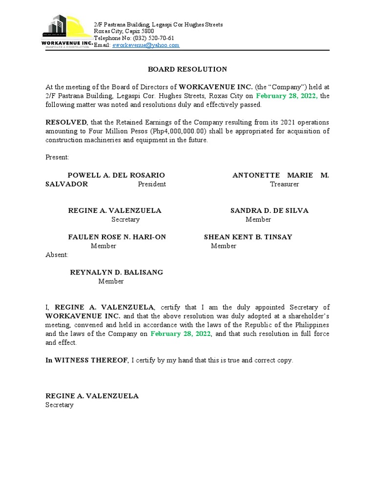 Board Resolution for Retained Earnings | PDF | Law