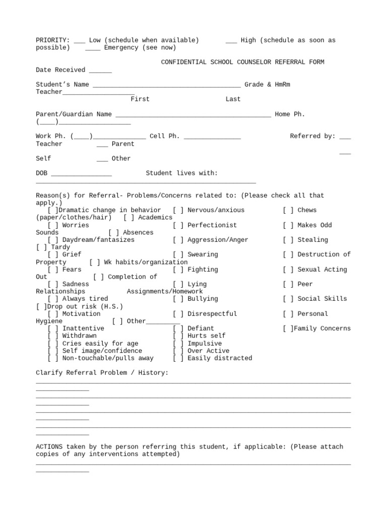 Elementary School Counselor Referral Form | PDF | School Counselor ...