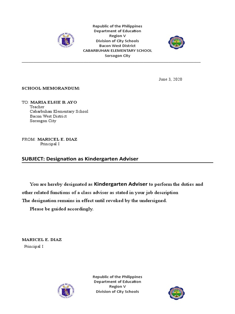 DESIGNATION As Class Adviser 2019-Alet | Download Free PDF | Government ...