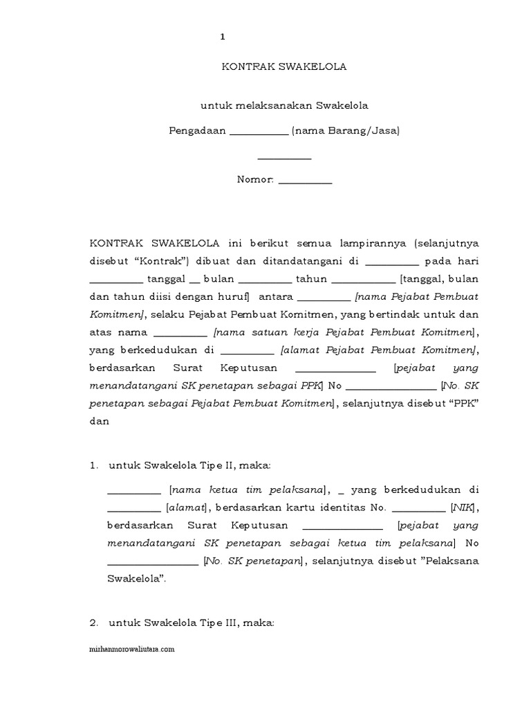 Contoh Kontrak Swakelola Tipe 1 | PDF | Bisnis