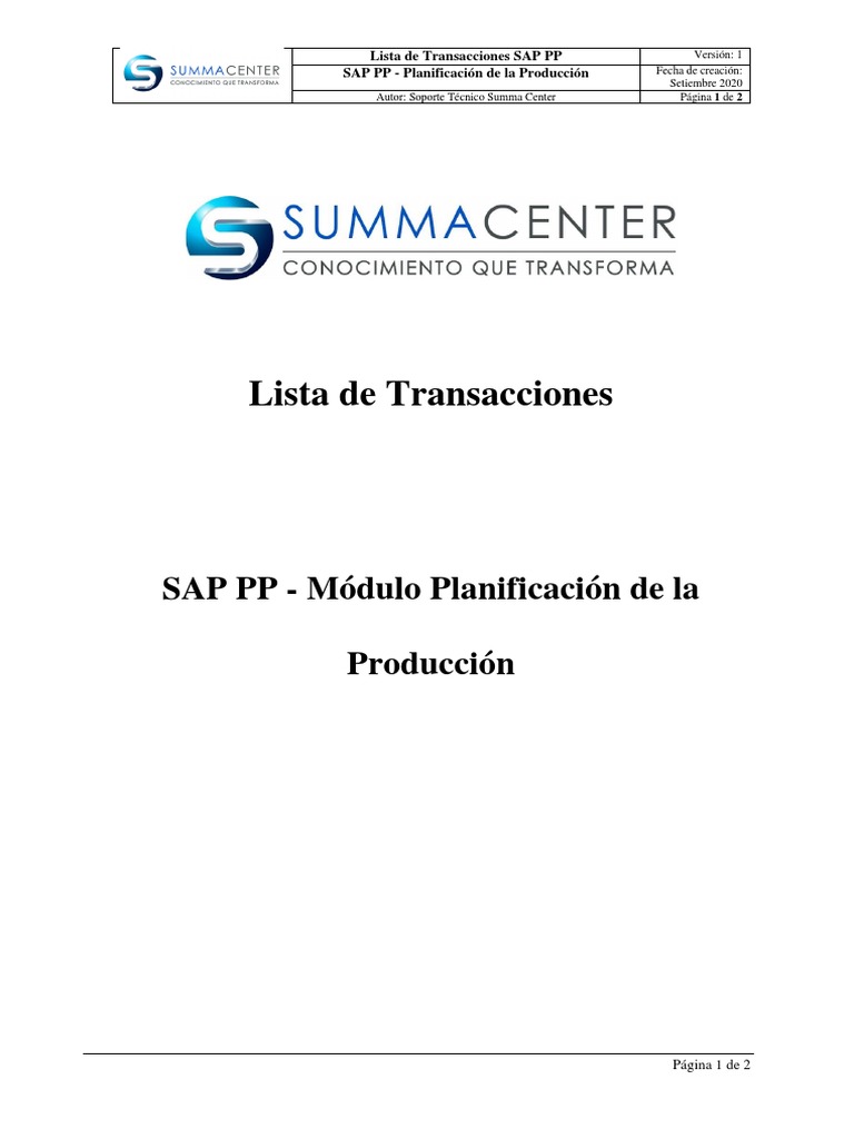 Principales Transacciones SAP PP | PDF