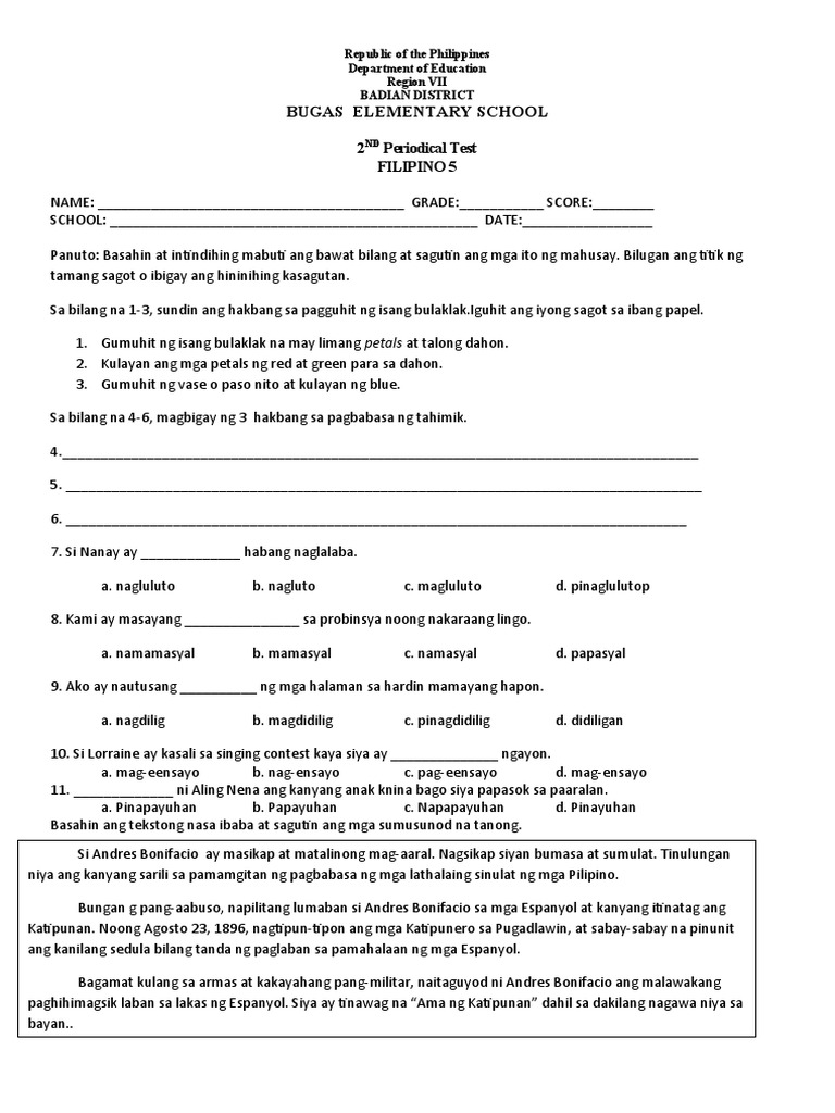 Filipino 5 Second Periodical Test | PDF