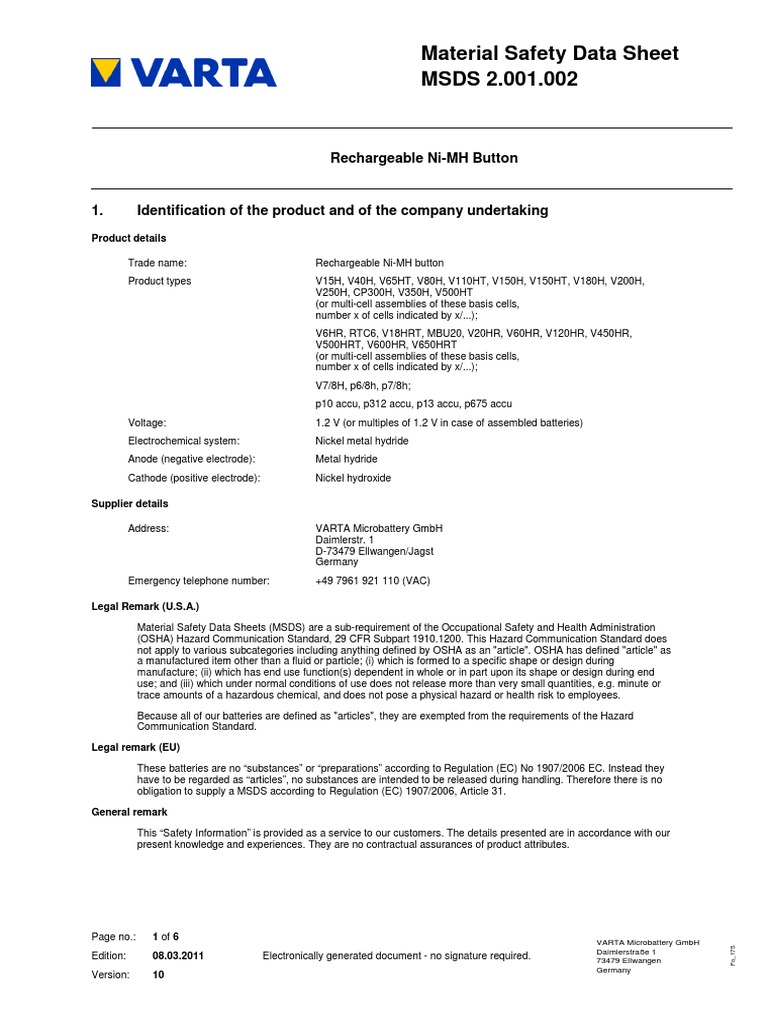 Material Safety Data Sheet MSDS 2.001.002: Rechargeable Ni-MH Button ...