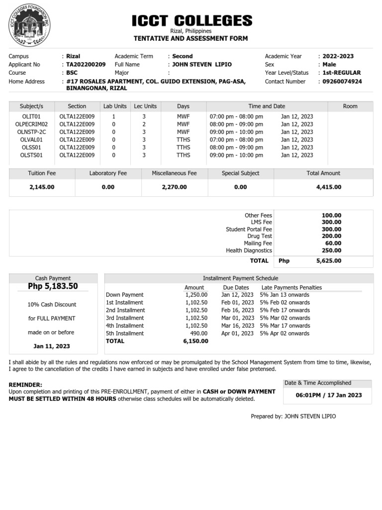 ICCT Tuition Fee Assessment Form | PDF