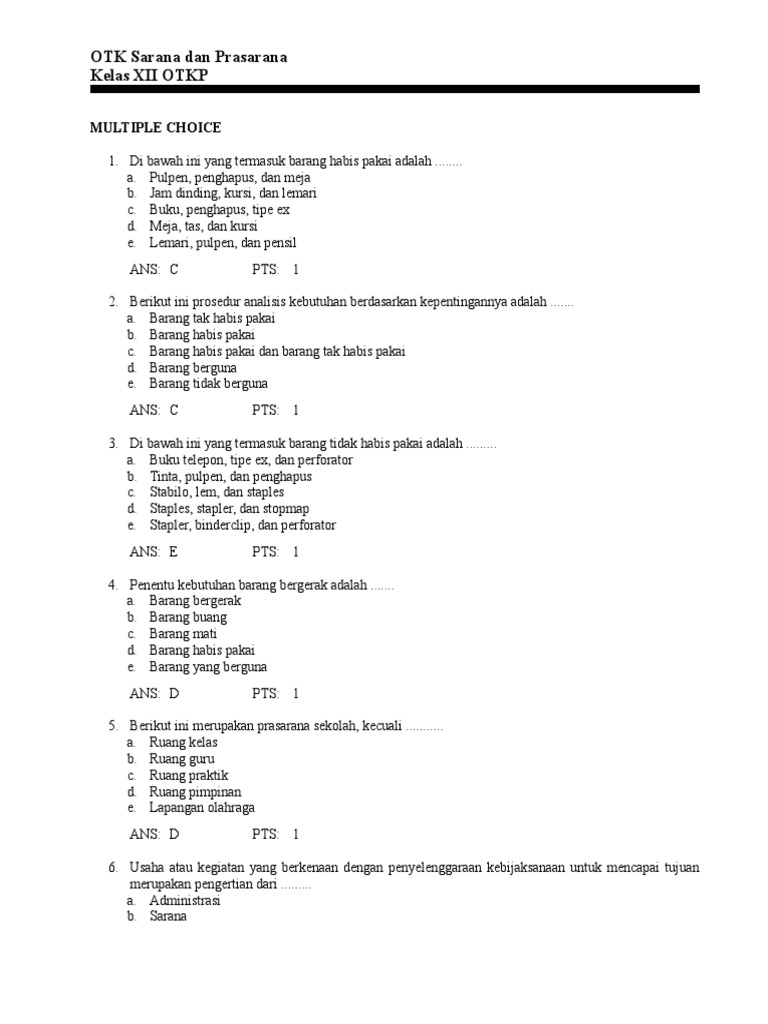 Kisi Kisi Sarana Dan Prasarana Xii Otkp | PDF | Metode & Bahan Ajar | Griya & Taman