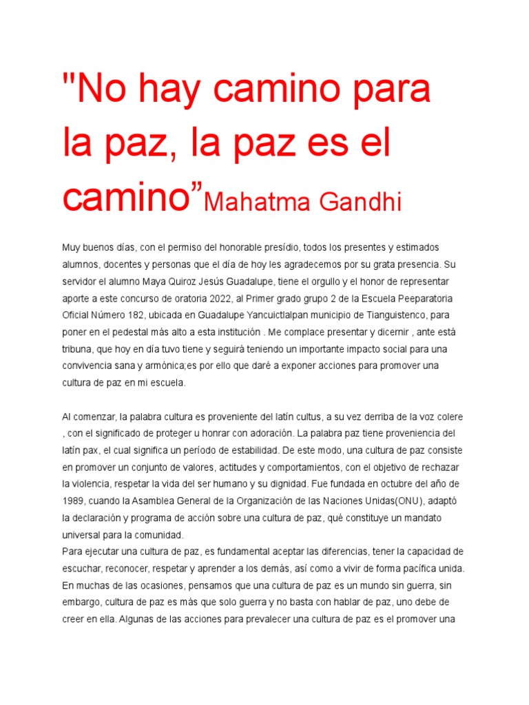 No Hay Camino para La Paz, La Paz Es El Camino"mahatma Gandhi | PDF ...