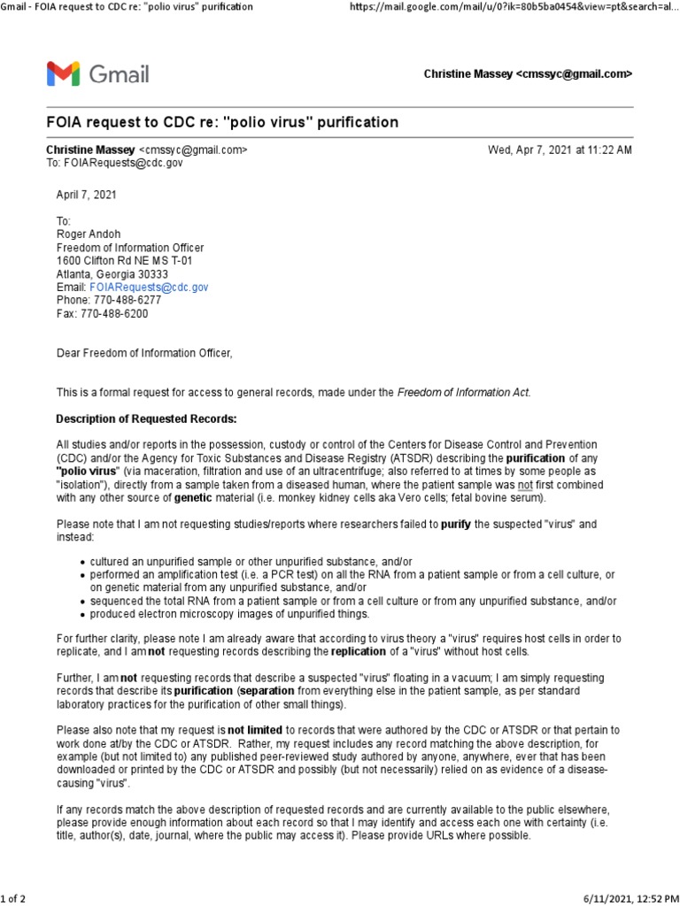 CDC FOIA Request Response No Records Polio Virus Purification | PDF ...
