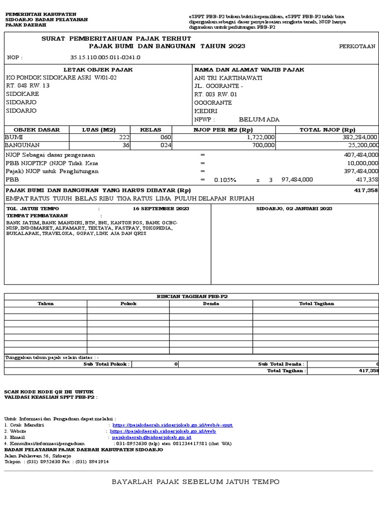 SPPT PBB 2023 (Psa W-3) | PDF