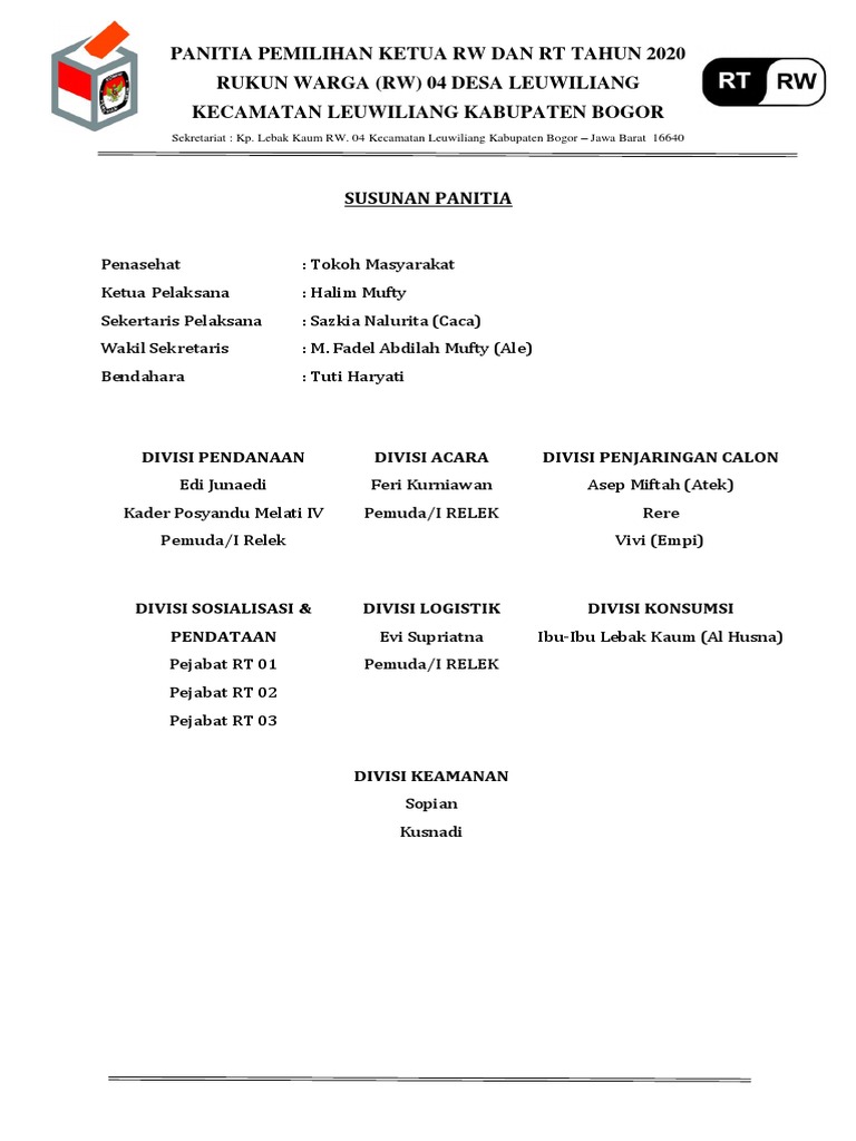 Contoh Susunan Panitia Pemilihan RW Dan RT Tahun 2020 | PDF