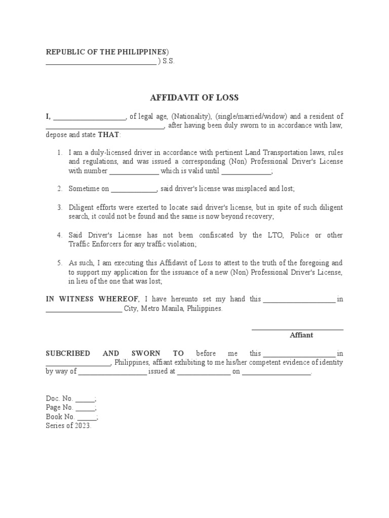 Affidavit of Loss for Driver's License Replacement | PDF