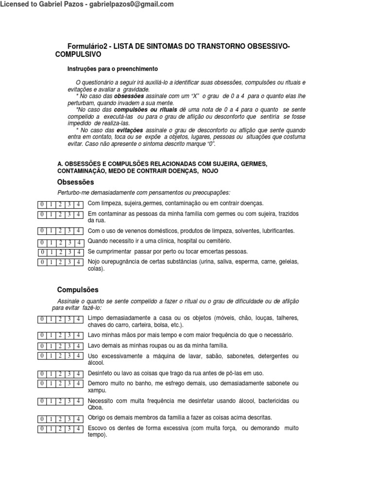 1 Lista+de+Sintomas+Do+TOC | PDF | Transtorno obsessivo compulsivo (TOC)