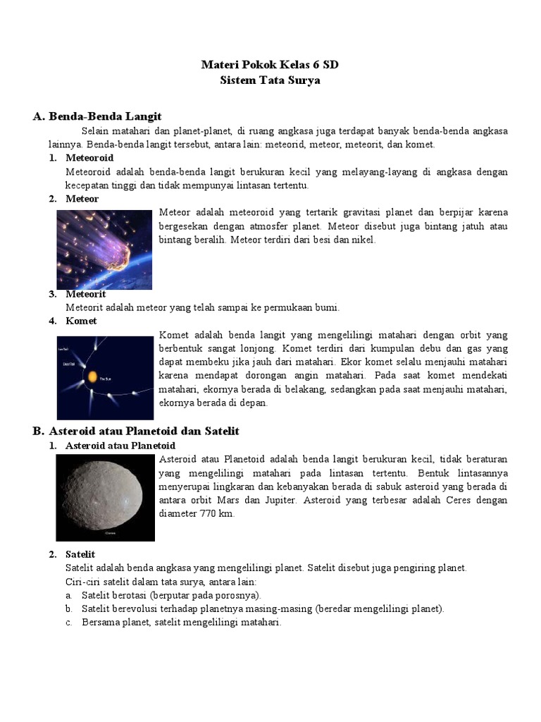 Ekskul Mipas Rangkuman Materi Benda Benda Langit Kelas 6 Sd Pdf