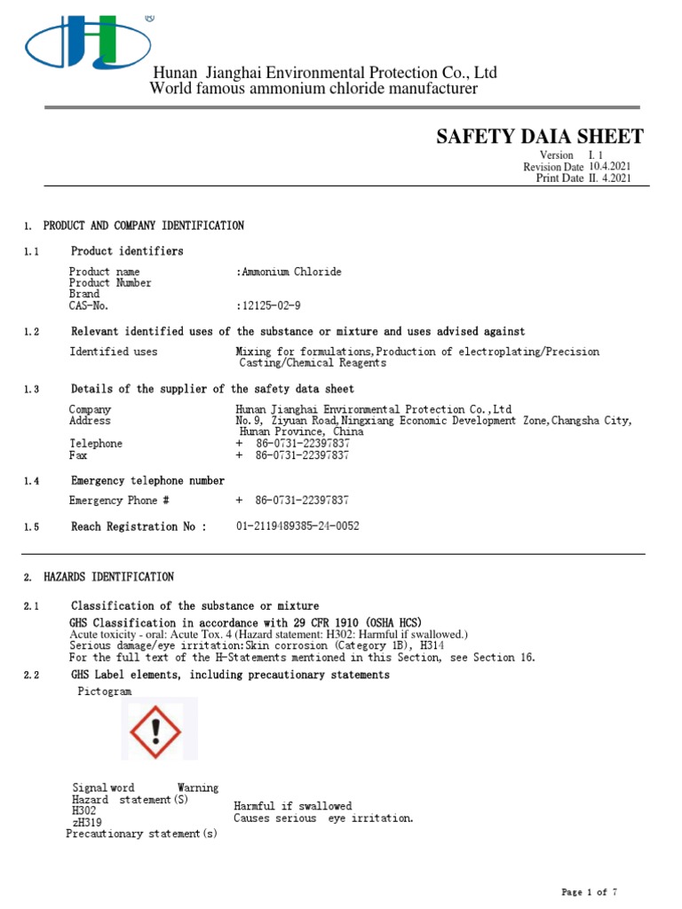 Msds Ammonium Chloride | PDF | Dangerous Goods | Firefighting