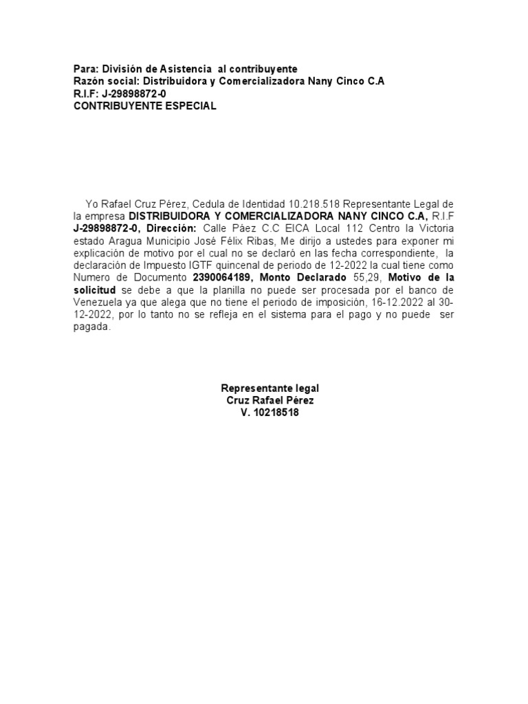 Carta Explicativa al Seniat para IGTF | PDF | Finanzas y dinero