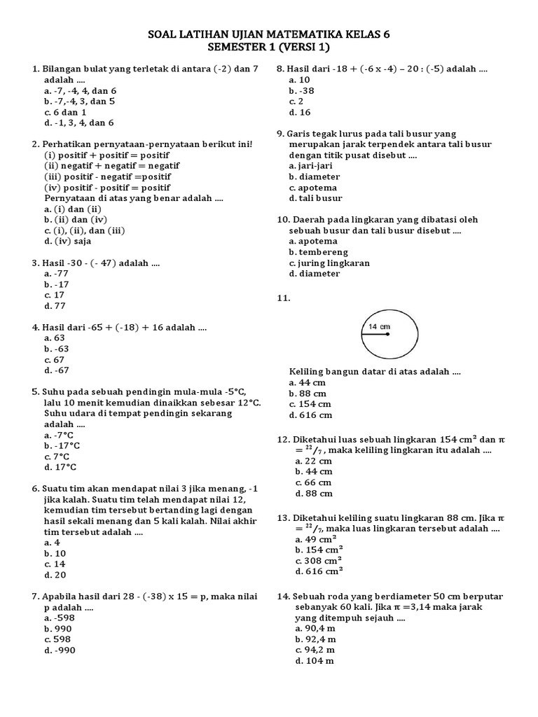 Soal Latihan Ujian Matematika Kelas 6 | PDF