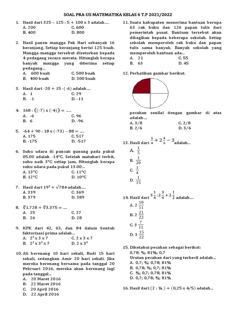 SOAL PRA-US Kelas 6 2 | PDF