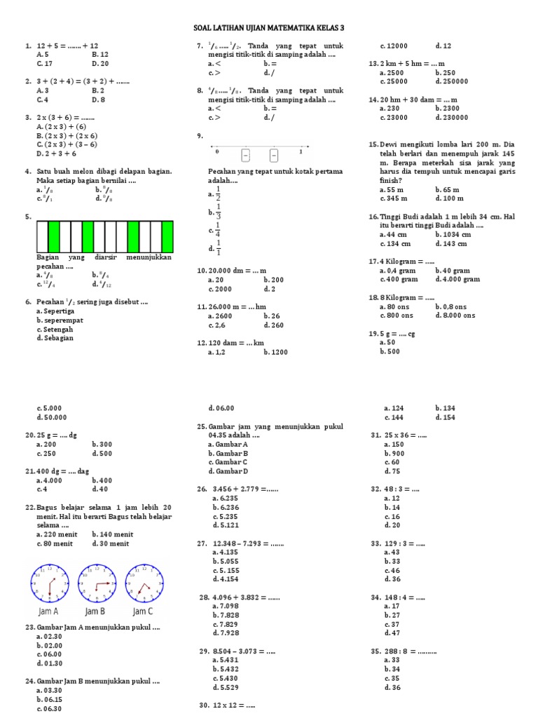 Soal Latihan Ujian Matematika Kelas 3 | PDF