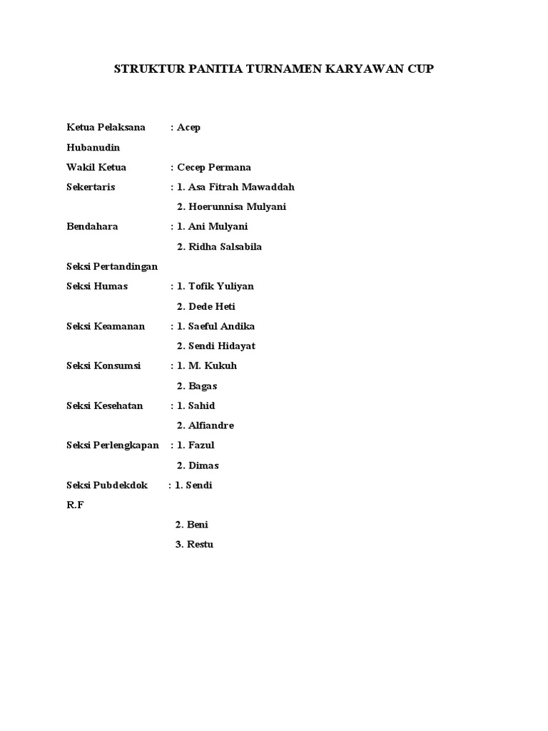 Struktur Panitia Turnamen Karyawan Cup | PDF