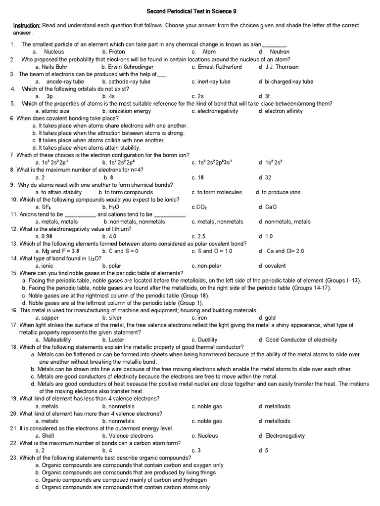 Science 9 Second Periodical Test | PDF | Mole (Unit) | Chemical Bond