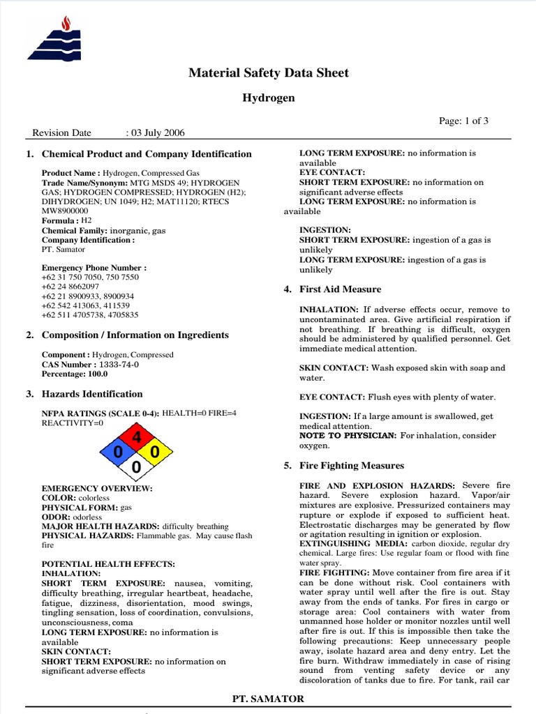 Dokumen - Tips - h2 Gas Samator Msds Produknya | PDF | Combustion | Water