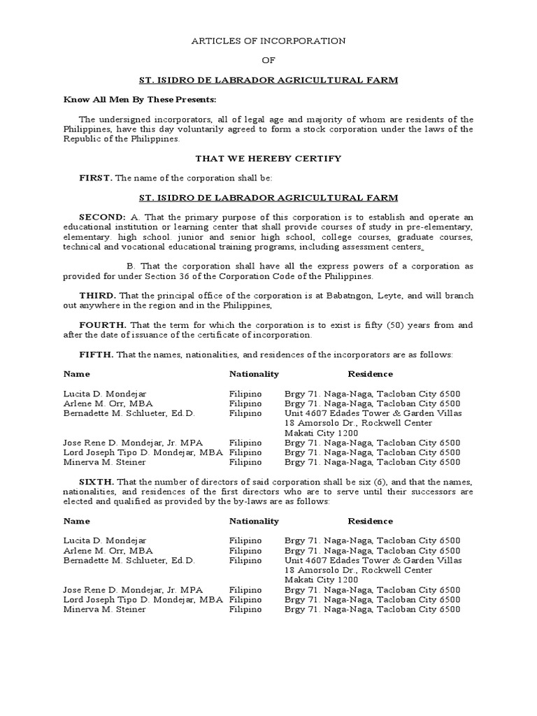 Articles of Incorporation | PDF | Government | Justice
