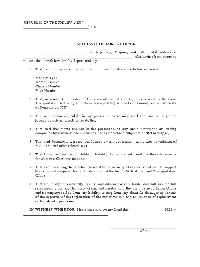 Affidavit of Loss ORCR | PDF | Affidavit | Common Law