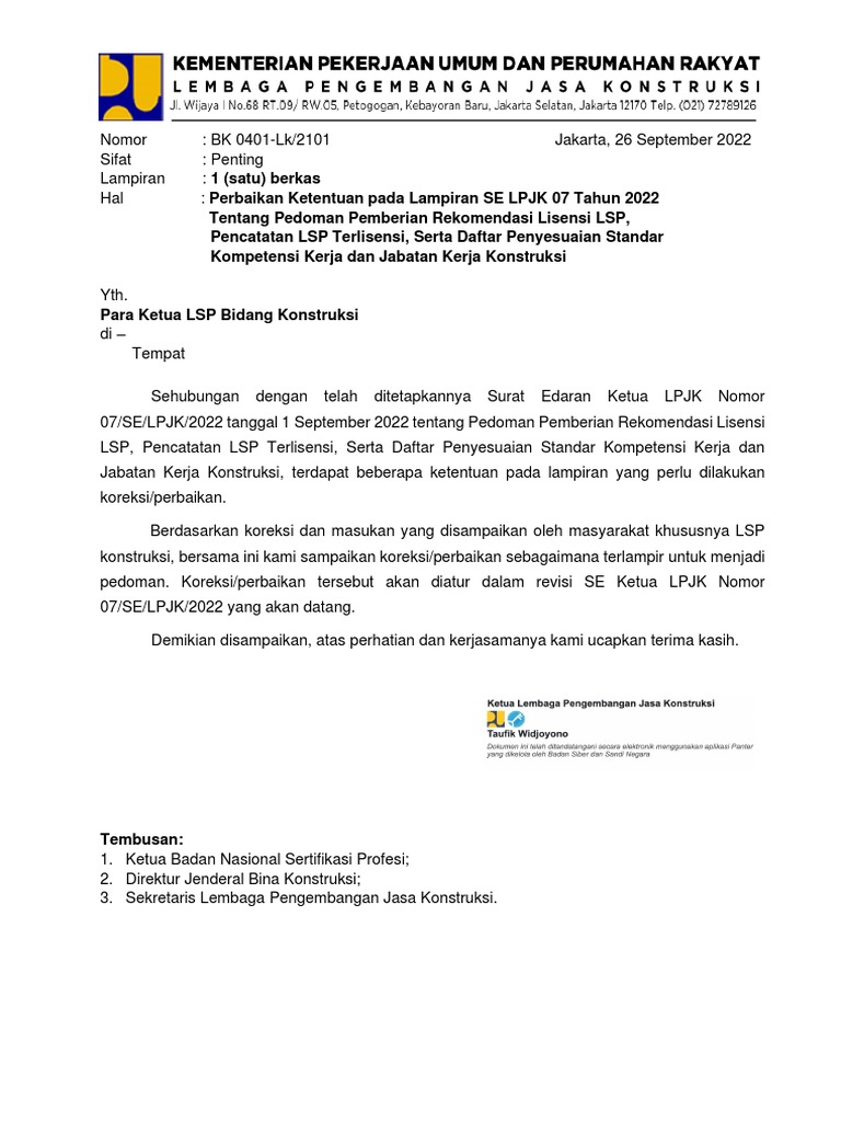 07 - Perbaikan SE - LPJK - Tahun 2022 Tentang Pedoman Pemberian ...