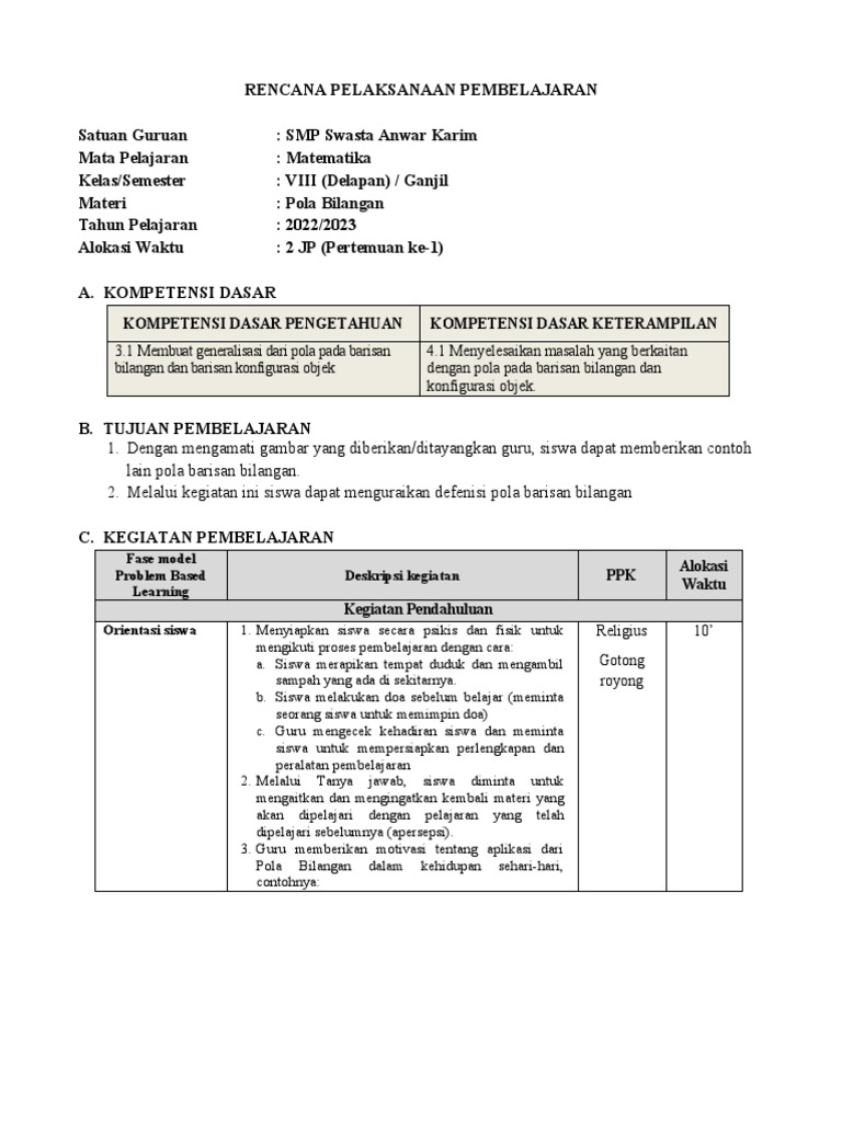 RPP Pola Bilangan | PDF