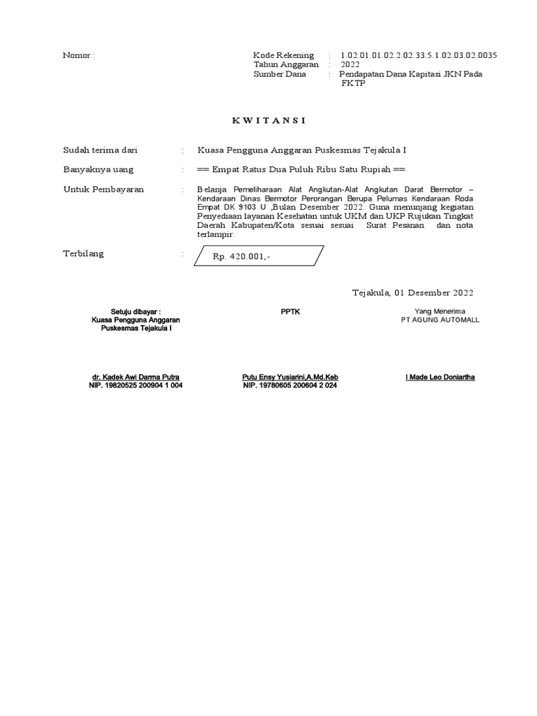 Sudah Terima Dari: Kuasa Pengguna Anggaran Puskesmas Tejakula I ...