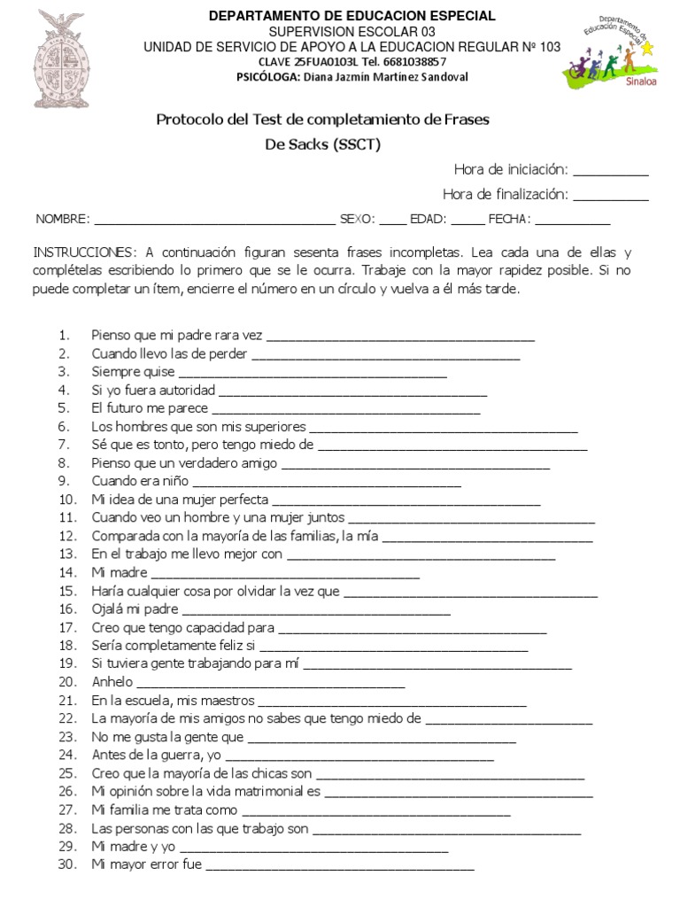 Protocolo del Test de Sacks para Niños | PDF