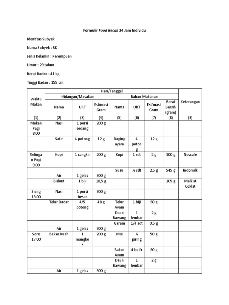 Formulir Food Recall 24 Jam Individu | PDF