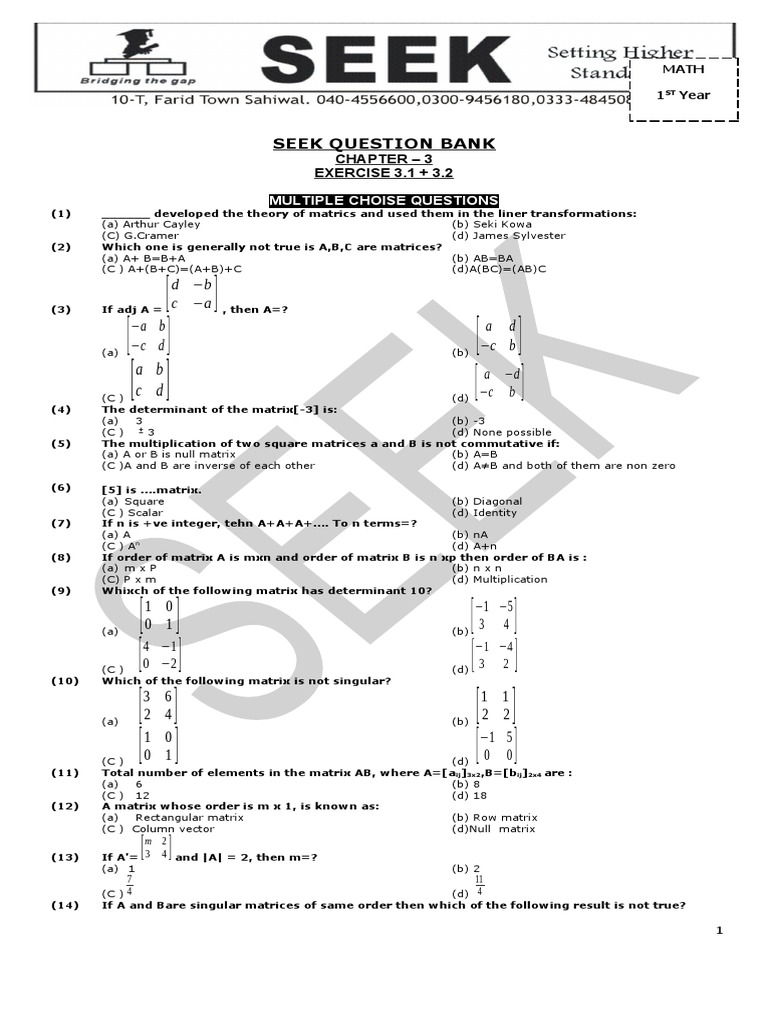 F.sc.I Math Question Bank CH# 3 | PDF | Matrix (Mathematics) | Determinant
