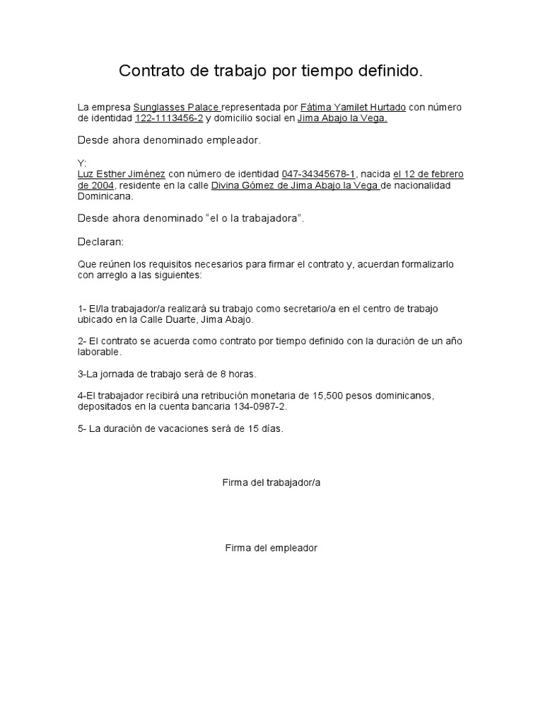 Contrato de Trabajo Por Tiempo Definido.: Desde Ahora Denominado ...