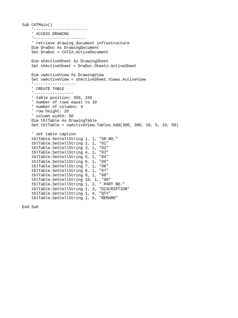 CATIA Drawing Table Creation Script | PDF | Computers